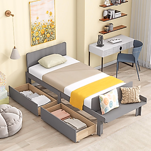 Twin Bed Frame, Wood Platform Bed with Storage, Twin Size Bed Frames with Wood Slat Support for Kids, No Box Spring Needed, Gray