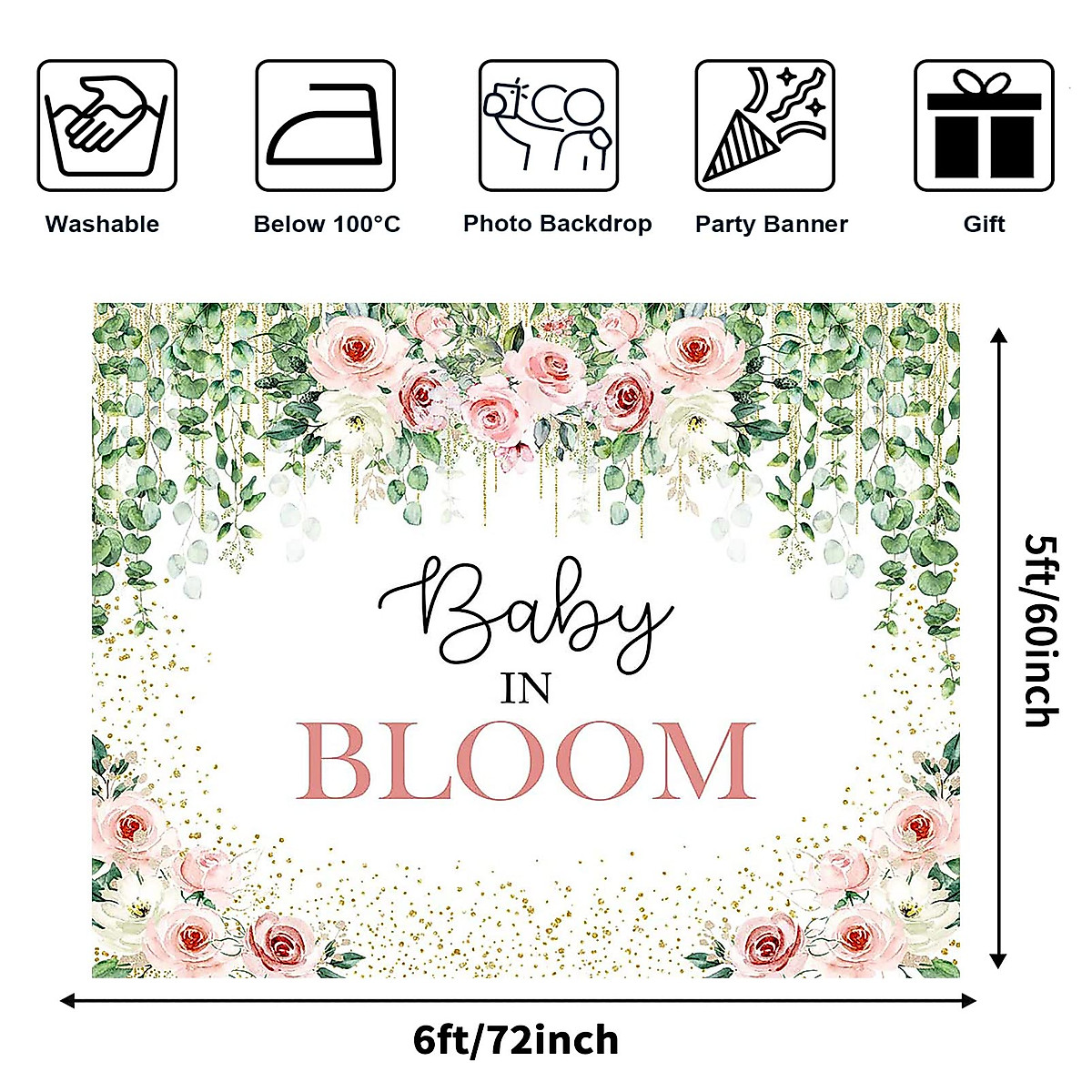 Avezano Baby in Bloom Backdrop Sage Green Leaves with Pink Flowers Baby Shower Party Decorations Baby Girl's Greenery Floral Nature Theme Photography Background Cake Table Banner (6x5ft(72x60in))