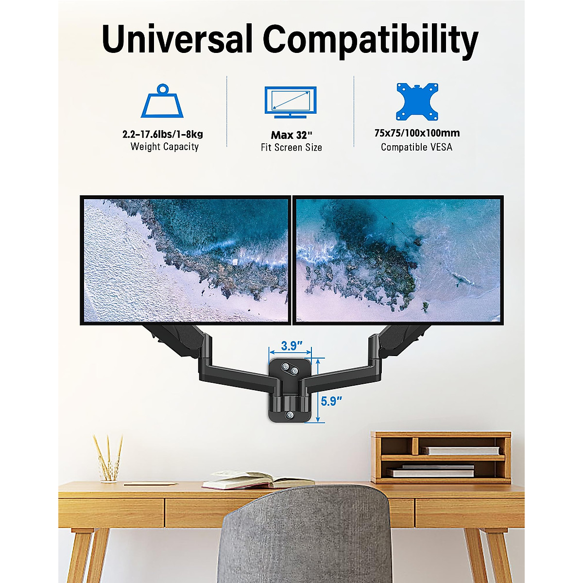 MOUNTUP Dual Monitor Wall Mount for 2 Max 32 Inch Computer Screen, Fully Adjustable Gas Spring Double Monitor Arm, Wall Mounted Monitor Holder Support 2.2-17.6lbs Display, VESA Bracket 75x75, 100x100