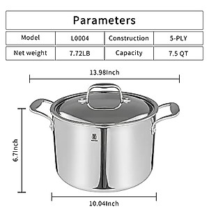 ROYDX Stockpot with Lid 5-PLY 7.5-Quart 304 Large Stainless Steel Soup Pot Nonstick Burning Pot with Food Steamer Stockpot