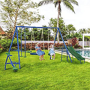 Outsunny 5-in-1 Kids Swing Set Backyard Playground Set with Saucer Swing, Outdoor Slide, Seesaw, Metal Swing Set Kids Outdoor Playset Playground Equipment Blue