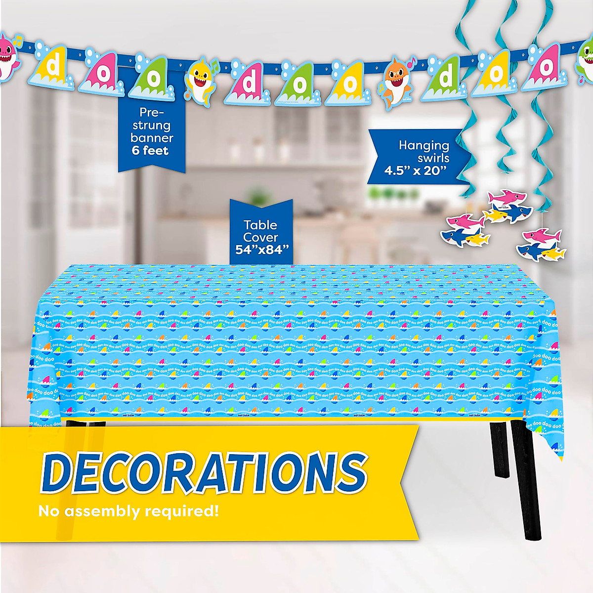 Baby Shark Birthday Decorations Set | Baby Shark Party Supplies | For Boys and Girls | With Banner, Tablecloth Table Cover, Dinner Plates, Cake Plates, Cups, Napkins, Sticker | Serves 16 Guests