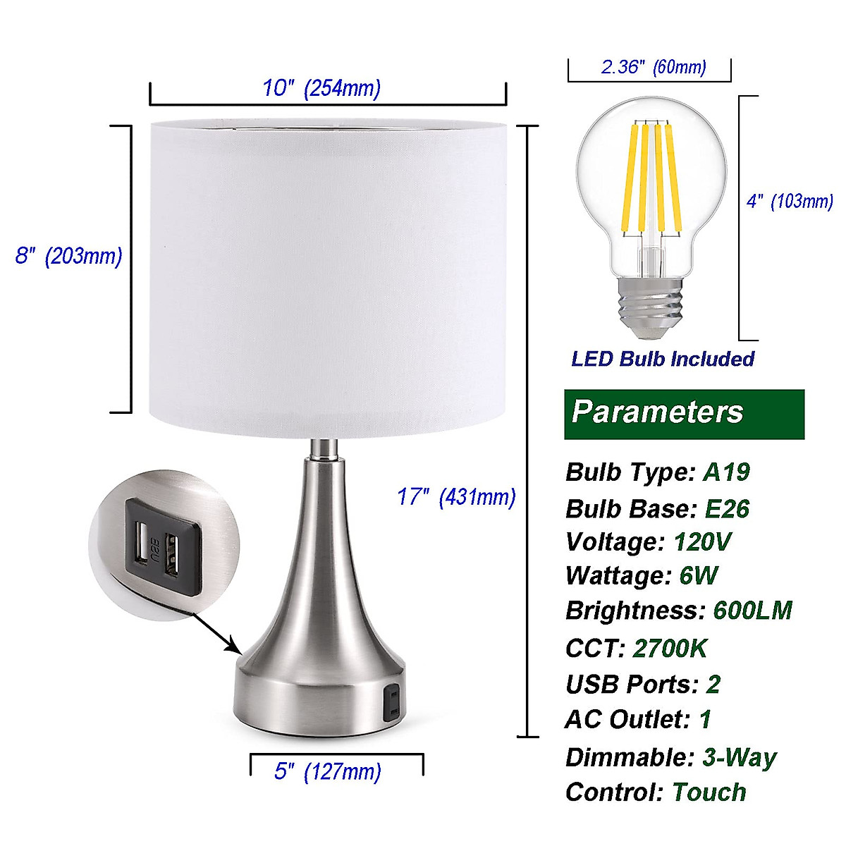 AMUV Lamps for Bedrooms Set of 2,Bedside Lamps Set of 2 with 2 USB Ports & AC Outlet,3-Way Dimmable Touch Nightstand Lamps Set of 2 for Living Room Office, White Fabric Shade,2700K Bulb Included