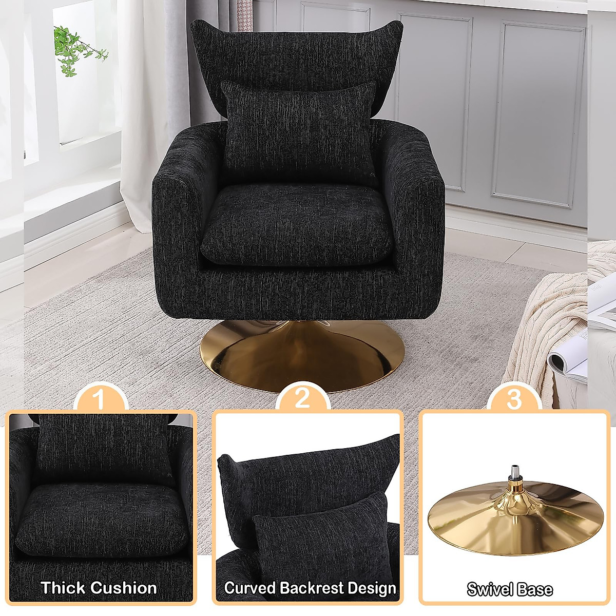 TehRecBT Modern Swivel Barrel Chair, Comfy Swivel Accent Armchair w/Gold Base, 360 Degree Swivel Club Chair Sofa Arm Leisure Chair for Nursery Bedroom Living Room Home Office (Black)