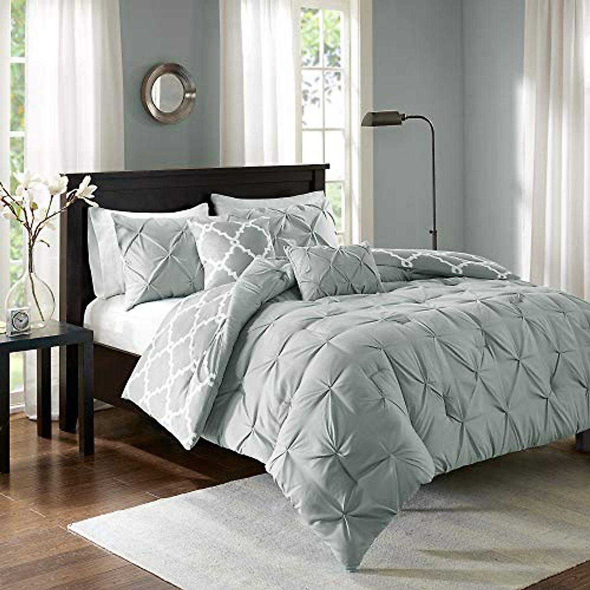 Madison Park Essentials Kasey Cozy Comforter Set - Fretwork Design, All Season Bedding with Matching Shams, Decorative Pillow, Queen (90in x 90 in), Diamond Grey Comforter 5 Piece
