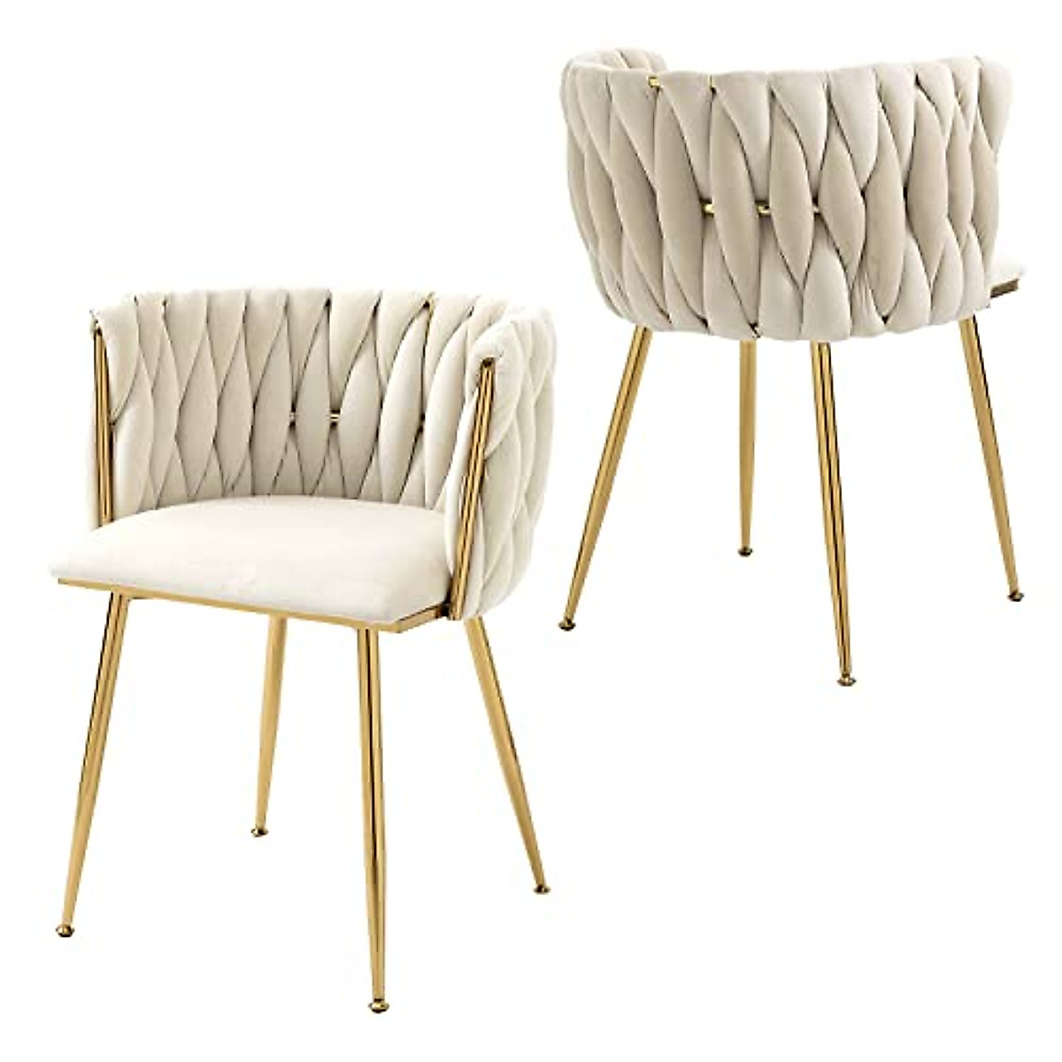 Upholstered Velvet Dining Chairs Set of 2, Modern Living Room Chair with Woven Back and Golden Metal Legs, Mid-Century Accent Side Chair for Dining Room, Living Room, Kitchen, Vanity Room, Ivory