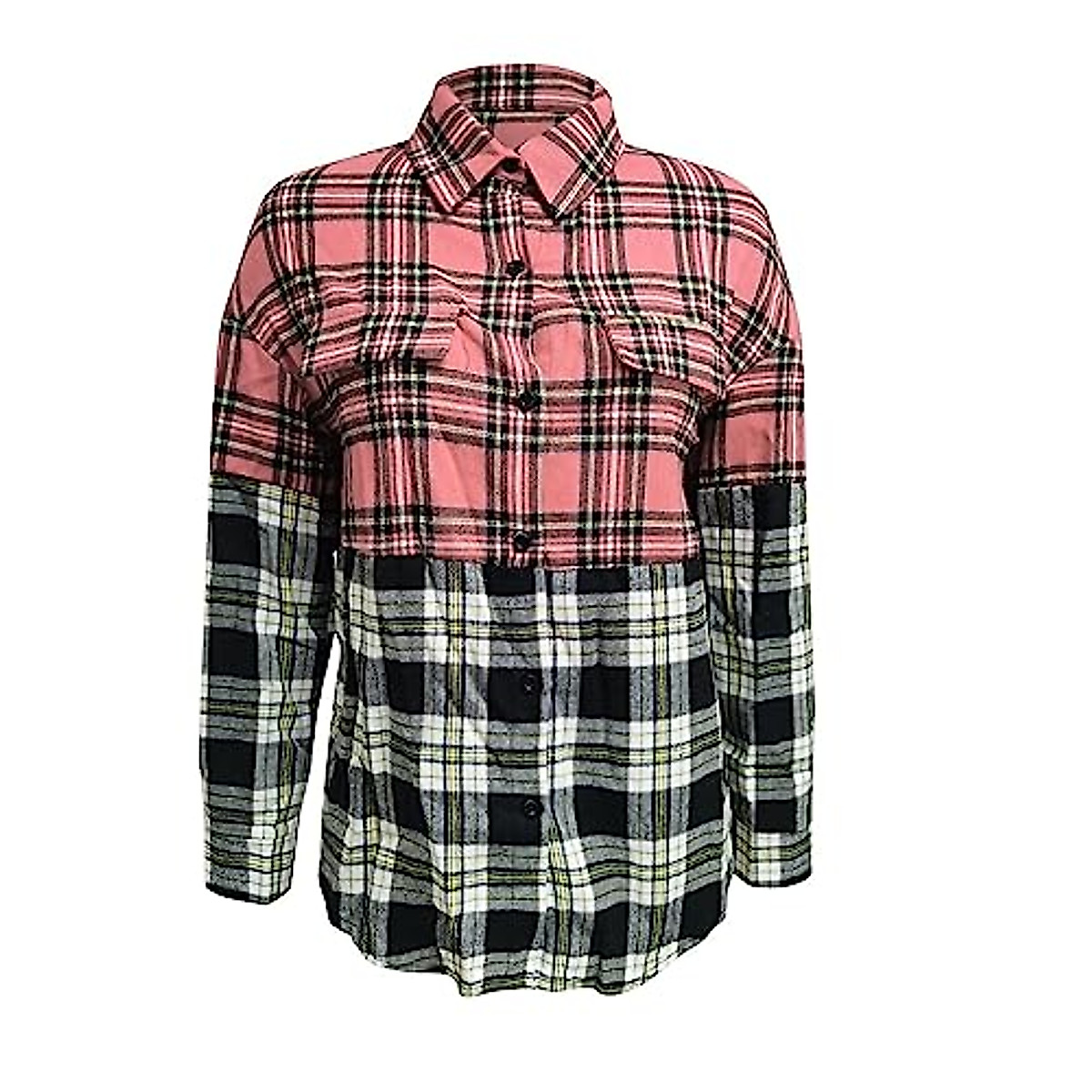 KOJOOIN Women's Oversized Flannels Plaid Color Block Oversized Button Down Shirts Patchwork Lightweight Blouses Pink&Black L