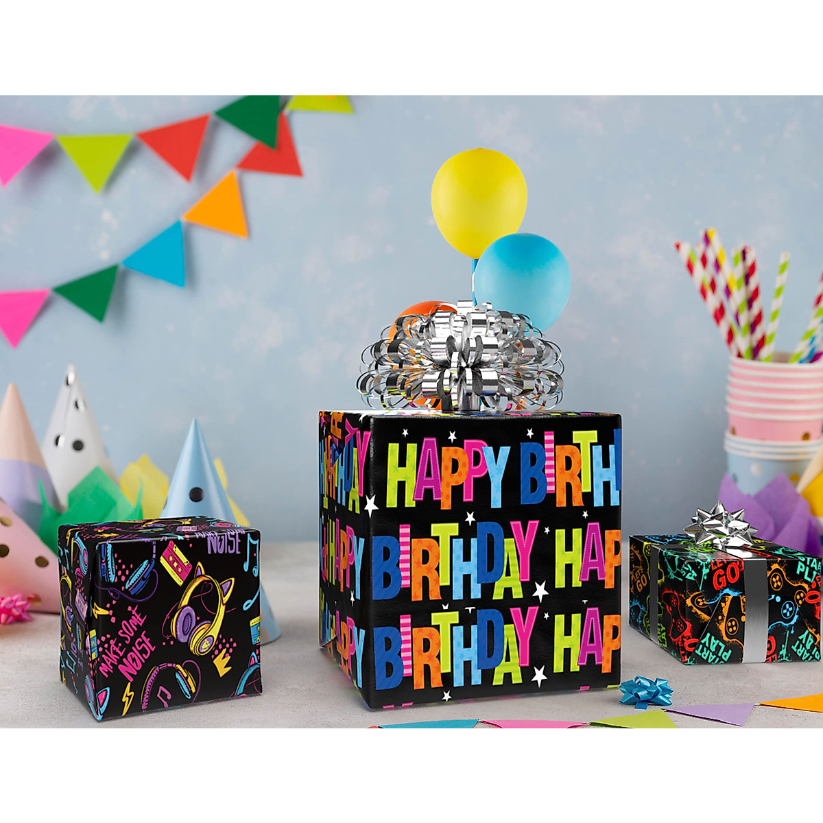 ZINTBIAL Gaming Birthday Wrapping Paper for Boys Girls Kids Baby Shower - Black Gift Wrapping Paper with Colorful Gamepad, Pink Headphones, Happy Birthday - 20 x 29 Inches per Sheet (8 Folded Sheets), Recyclable, Easy to Store, Not Rolled