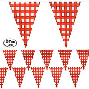 Red Checkered Banner 100’ Feet Long | Gingham Pennant Flags | Red and White Checkered Pennant Banner | Carnival, Picnic, Party Red Checkered Flags | By Anapoliz