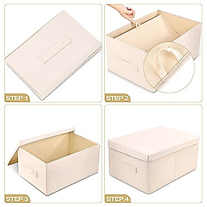 Storage Bin 2 Pack, Large Storage Bins with Lids, Vailando Decorative Storage Boxes Fabric Cotton Linen Collapsible Basket for Bedroom Closet Shelves Office Nursery ( Beige)
