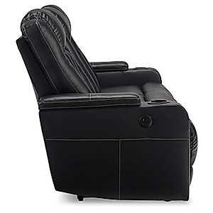 Signature Design by Ashley Center Point Contemporary Faux Leather Tufted Reclining Sofa with Drop Down Table, Black