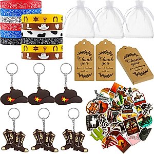 125 Pcs Western Party Favors Set Include Cowboy Rubber Bracelets Western Themed Boot Hat Keychains West Cowboy Stickers Kraft Paper Thank You Tags for Western Themed Party Cowboy Themed Baby Shower