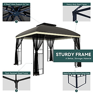 FUNG YARD 10x10 Outdoor Gazebo, Double Roof Patio Gazebo with Mosquito Netting, Sturdy Steel Frame, Sun & Waterproof, Perfect for Backyard, Garden, Party (Brown)
