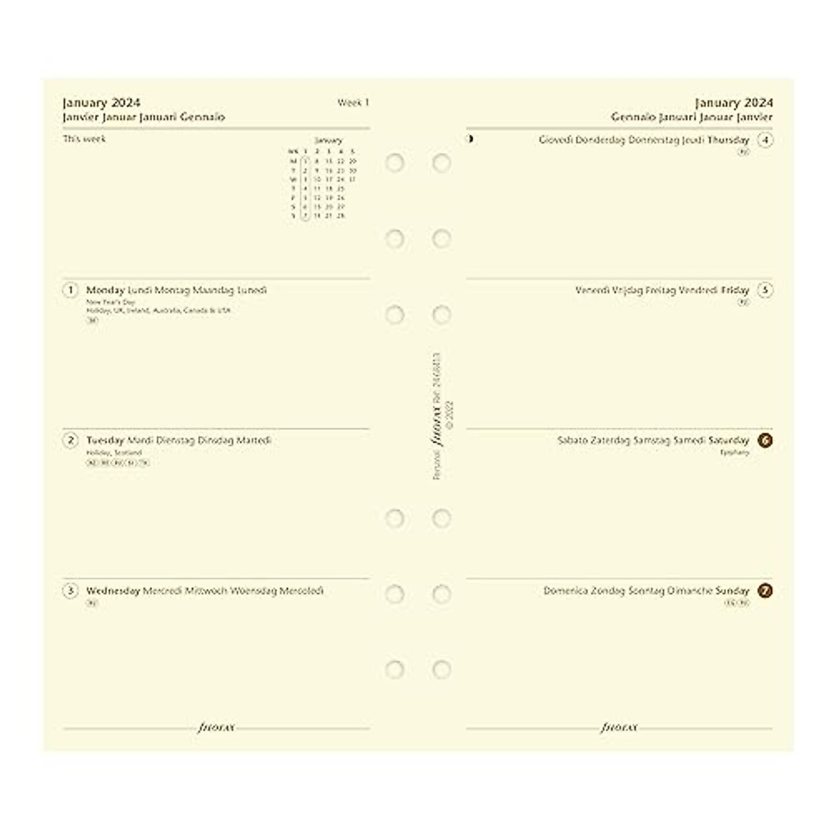 Filofax Malden Organizer, Personal Size, Pink - Tactile, Full-Grain Buffalo Leather, Six Rings, with Cotton Cream Week-to-View Calendar Diary, Multilingual, 2024 (C022616-24)