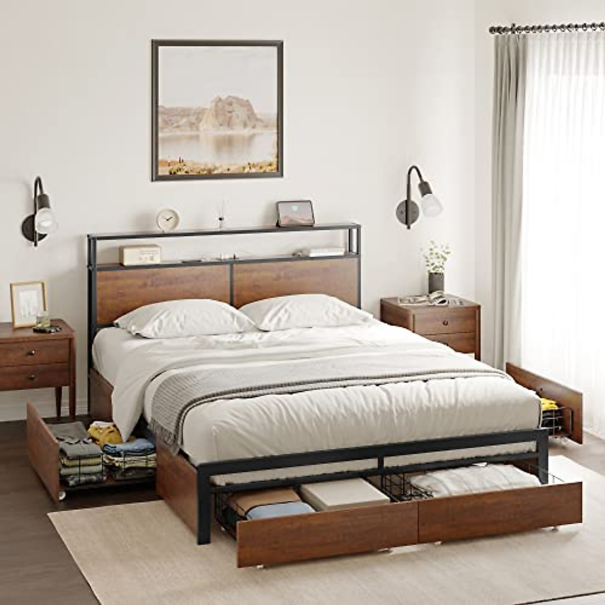 HAUSOURCE Queen Bed Frame with Storage Headboard and 4 Drawers LED Lights Metal Platform Non-Slip Without Noise Mattress Foundation Strong Metal Slats Support No Box Spring Needed