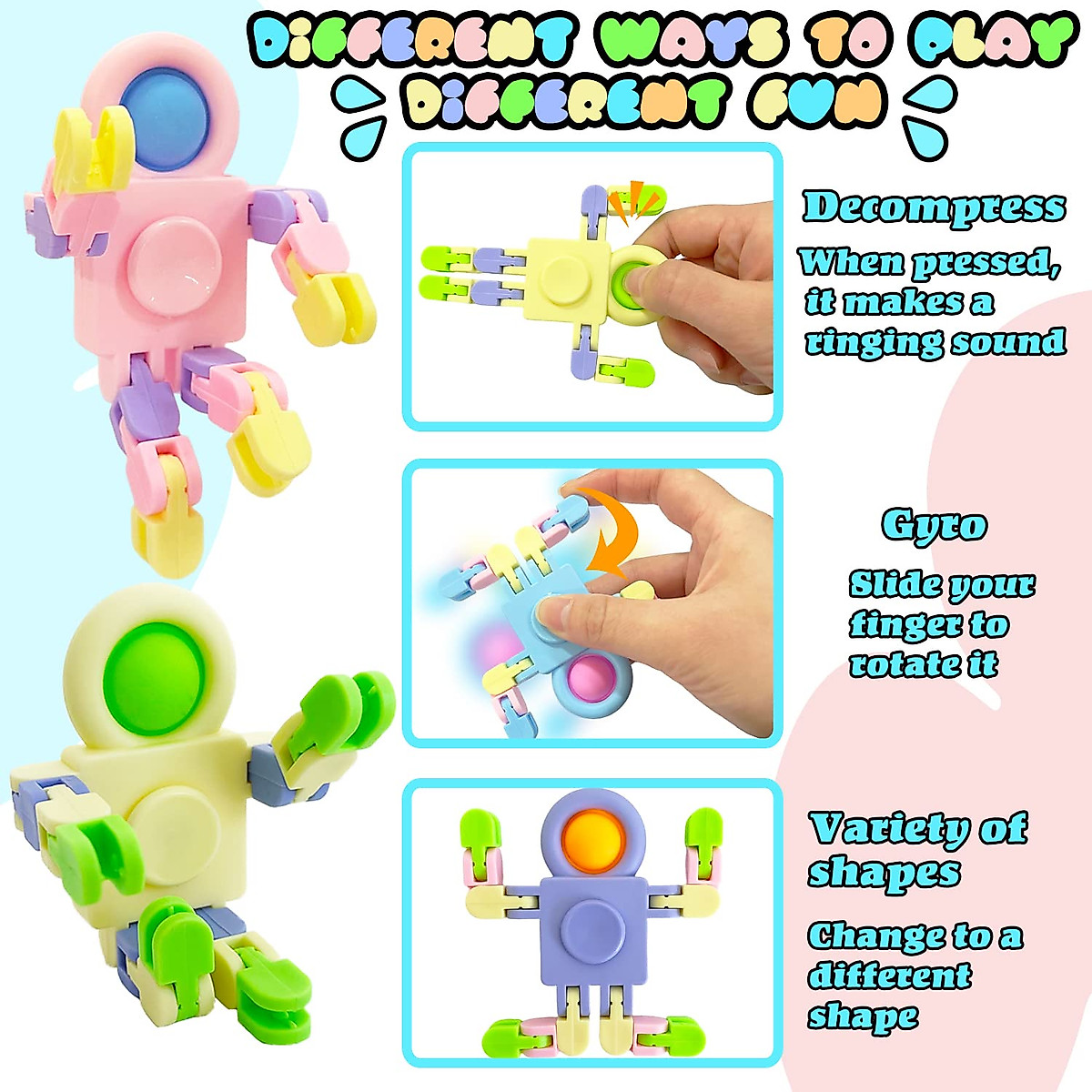 Eerrhhaq 20 Pcs Funny Sensory Fidget Toys,Transformable Chain Robot Finger Toy,Stress Relief Fingertip Gyro Toys for Party Favors,Gifts,Classroom Supplies Prizes