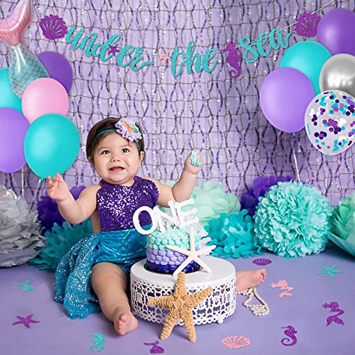 Under The Sea Mermaid Party Balloons Banner Net Backdrop Kit Girls Birthday Backyard Fence Decoration Mermaid Tail Ocean Theme Scene Photography Background Ideas Supplies