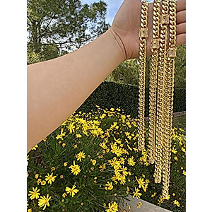 Miami Cuban Link Chain Choker Necklace CZ diamond Lock Real Solid 14K Gold Finish Stainless Steel, Cuban Choker, Cuban necklace, Gold Cuban Chain, 12mm Miami Cuban Link Chain (20)