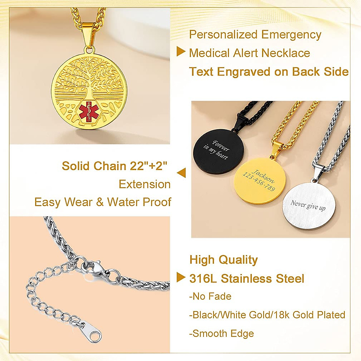 Custom4U Medical Alert Necklace for Women Men Personalized Stainless steel Medical ID Tag Pendant with Free Engraving