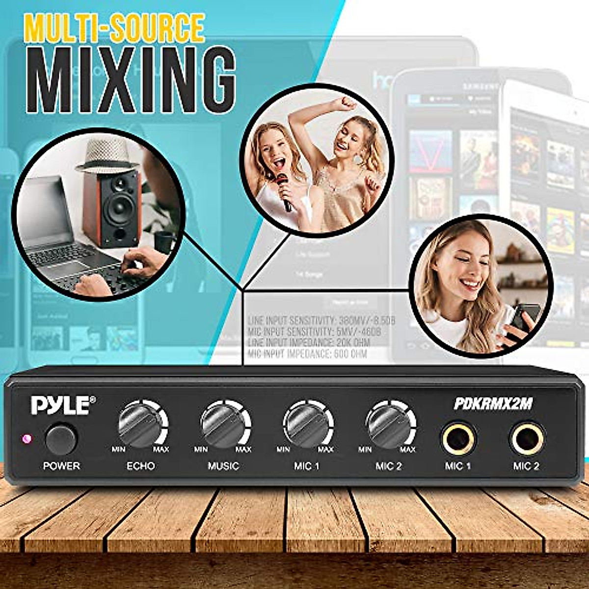 Pyle Compact Karaoke Audio Mixer - Professional Portable Audio Sound Mixer Mic Receiver w/Two Microphone Inputs, RCA, AUX, Mic Level/Music/Echo Controls, for DJ Sound, Home Party & Theater - PDKRMX2M