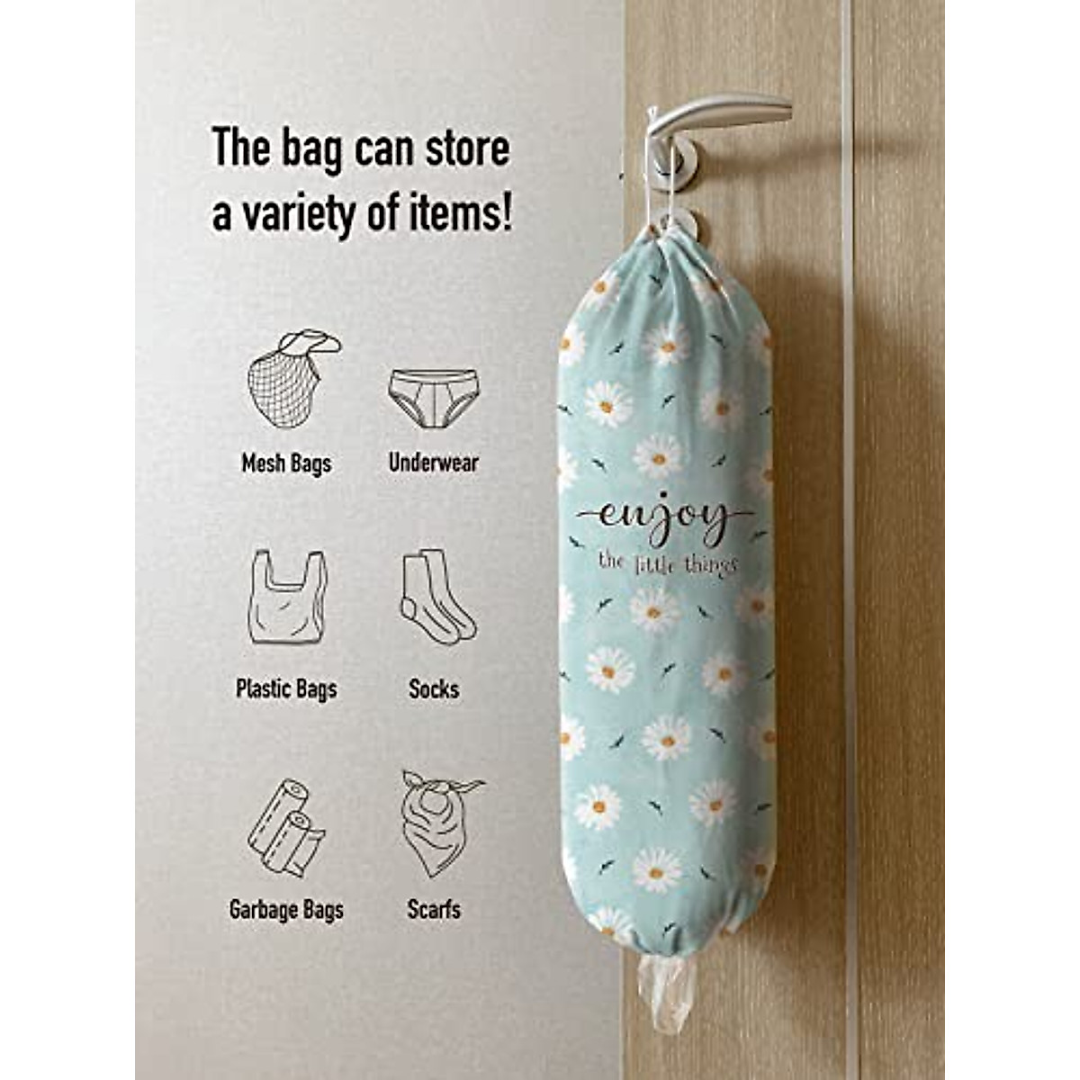 Hglian Flowers Grocery Bag Holder Dispenser Wall Mount Plastic Bag Holder Garbage Shopping Trash bags Storage Organizer,Cute Daisy Kitchen Décor, Gifts for Women Mom Wife-Teal