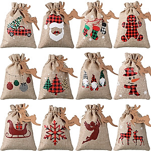 24 Pieces Christmas Burlap Gift Bags Christmas Treat Bags with Drawstrings Small Christmas Gift Goody Bags for Xmas Holiday New Year Party Favors Supplies, 12 Designs (7 x 5 Inch,Rustic Style)