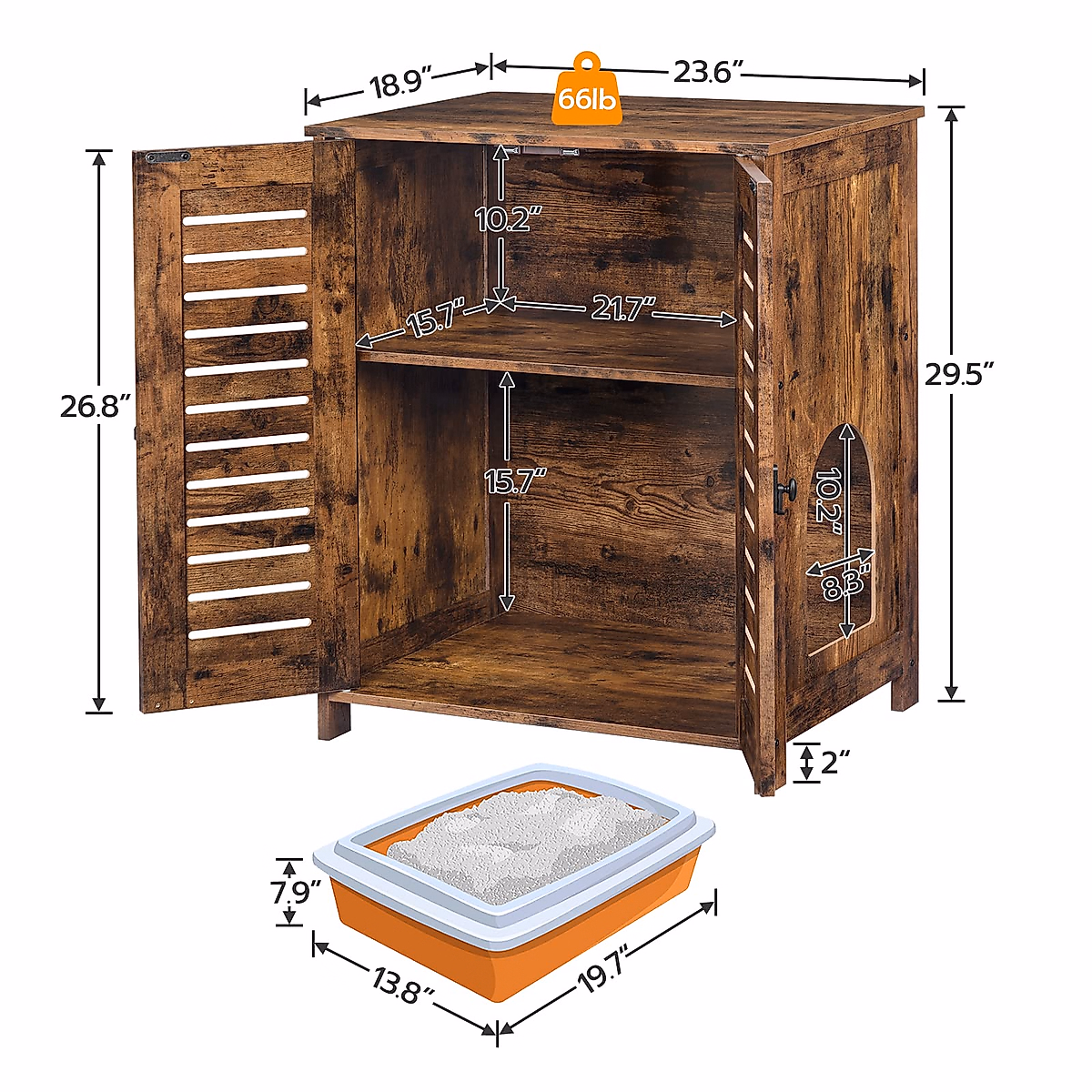 HOOBRO 2-Tier Cat Litter Box Enclosure, Double Layer Hidden Litter Box Furniture, Shutter Storage Cabinet, Multifunctional Hidden Cat Litter Box with Large Storage Space, Rustic Brown FG45MW01