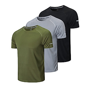 frueo Men's 3 Pack Gym Shirts Quick Dry Moisture Wicking Short Sleeve Mesh Athletic T-Shirts,Black Gray Green,S