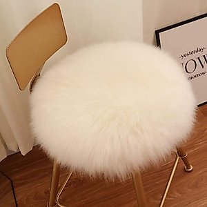 Genuine Round Sheepskin Chair Pad Long Wool Stool Seat Cushion Soft Fluffy Area Rug for Living Room Bedroom Office (16 x 16 in,White)