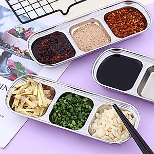 Stainless Steel Sier Sauce Dish Seasoning Dish Snack Plate Divided Food Dipping Bowl Kitchen Tableware for Salt Vinegar Sugar(3 Grids)