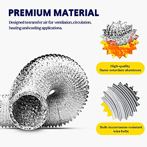iPower GLDUCT4X8C 4 inch 8 feet Non-Insulated Flex Air Aluminum Foil Ducting Dryer Vent Hose for HVAC Ventilation with 2 Clamps, 4'' X 8', Silver