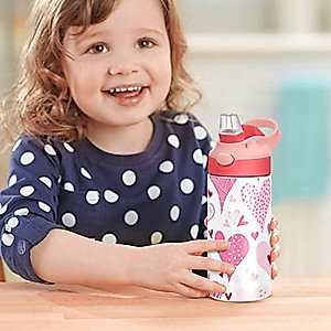 Kigai Romantic Pink Peach Heart Kids Water Bottle, Insulated Stainless Steel Water Bottles with Straw Lid, 12 oz BPA-Free Leakproof Duck Mouth Thermos for Boys Girls