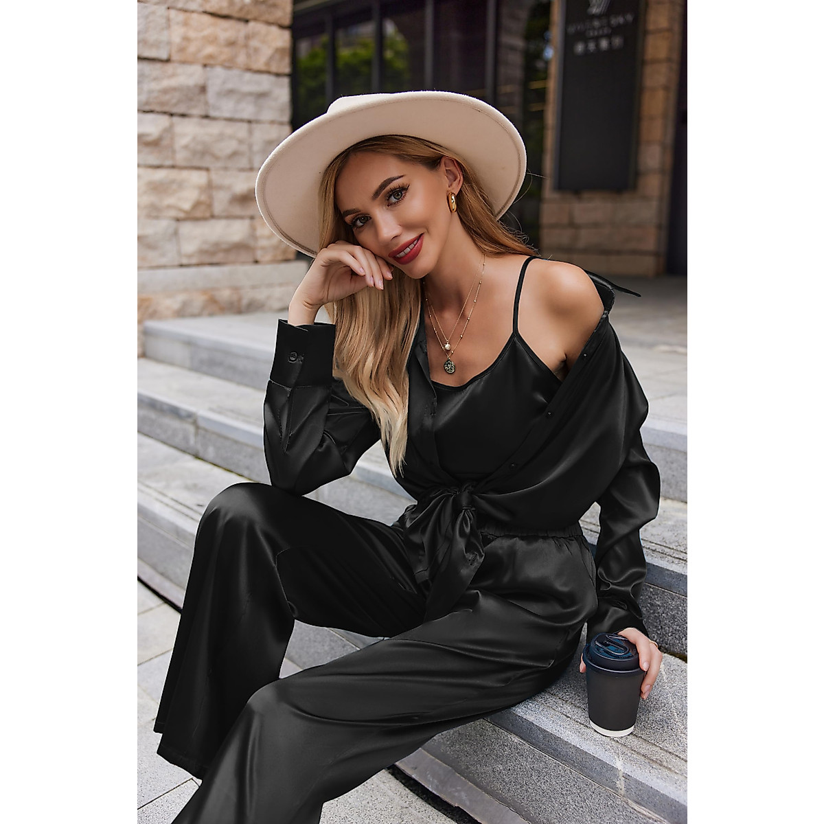 Ekouaer Womens Silk 3 Piece Pajamas Satin Camisole Sleepwear Set Button Down Long Sleeve Pjs with Pants, Large Black