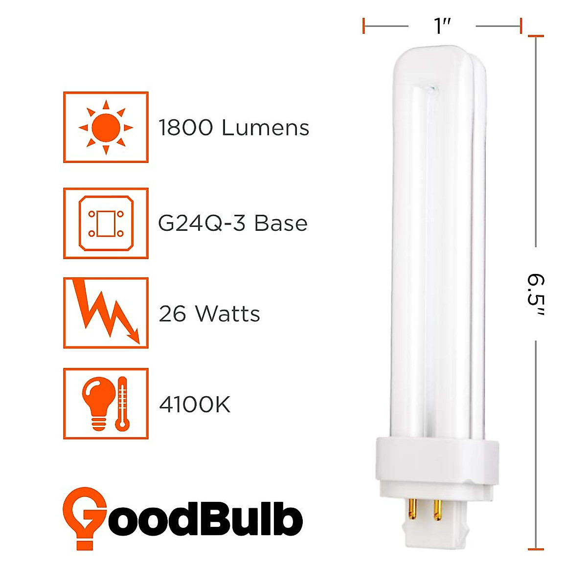 GoodBulb 26 Watt CFL Light Bulbs | 4 Pin G24Q-3 Base 4100K Cool White | 26W High Output 1800 Lumens | Double Tube Compact Fluorescent Light Bulbs Plug-in | 10 Pack
