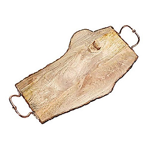 Creative Co-Op Mango Live Edge Wood Slab Serving Tray with Copper Finish Handles Cutting Board, 24" x 12.5", Natural