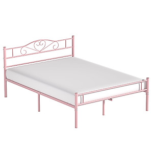 VECELO 14 Inch Queen Size Metal Platform Bed Frame with Headboard and Footboard, Heavy Duty Mattress Foundation with Steel Slats Support, No Box Spring Needed, Pink