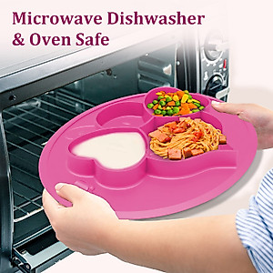 Suction Plates for Baby Toddler, Silicone Kids Plates, BPA Free Food Grade Silicone, Microwave and Dishwasher Safe, Bee Divided Design, Peach