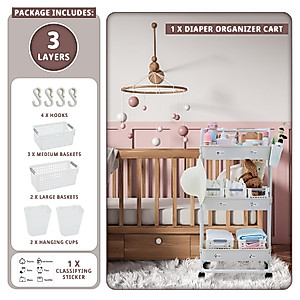 Tanlade Baby Diaper Cart Organizer 3 Tier Diaper Caddy Organizer with Wheels Baby Diaper Storage Organizer Nursery Cart Diaper Caddy with Baskets Hanging Cups Sticker for Crib Changing Table, White