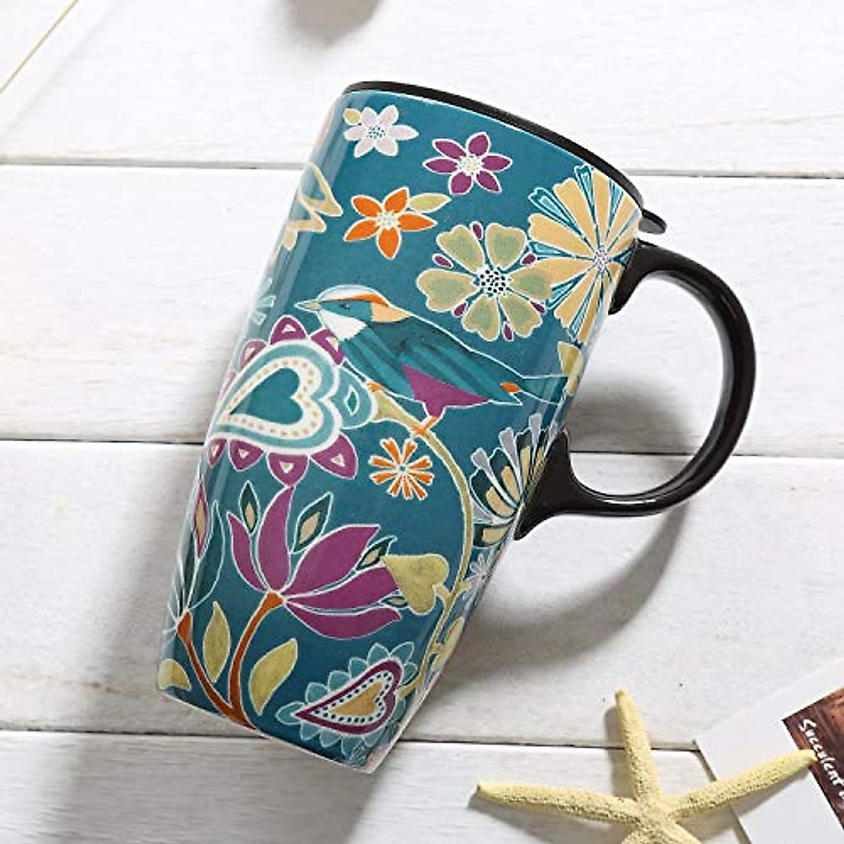 Topadorn Coffee Ceramic Mug Porcelain Latte Tea Cup With Lid 17oz. Floral Symphony, Green Bird