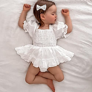 Infant Baby Girls Romper Dress Dot Pattern Short Sleeve Ruched Jumpsuits Skirts Hem Bodysuits Headband (White dots, 0-6 Months)