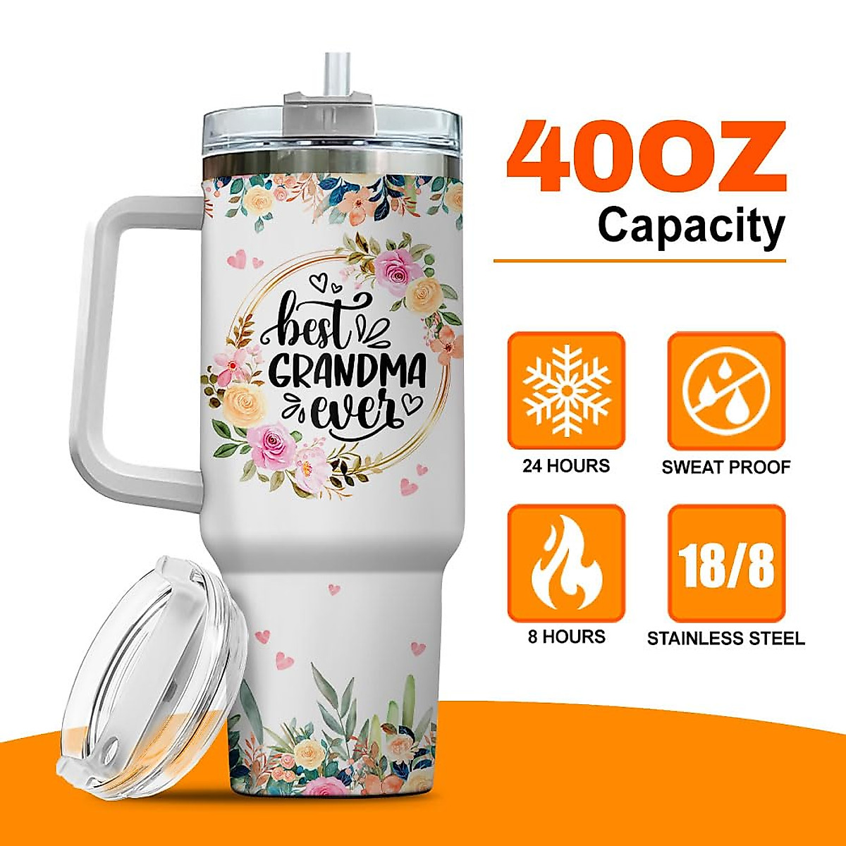 99WHALE Grandma Gifts, Grandma Watercolor Floral Nutrition Facts, Tumbler 40 Oz With Handle Lid And Straw, Handle Grandmas Cup For Great Heart Sippy Flower Best Ever Coffee Cups Nana