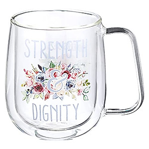 Christian Art Gifts Double Wall Insulated Clear Glass Coffee and Tea Mug for Women: Strength and Dignity - Proverbs 31:25 Inspirational Bible Verse, Hot and Cold Beverage with Handle, Pink, 10 oz.