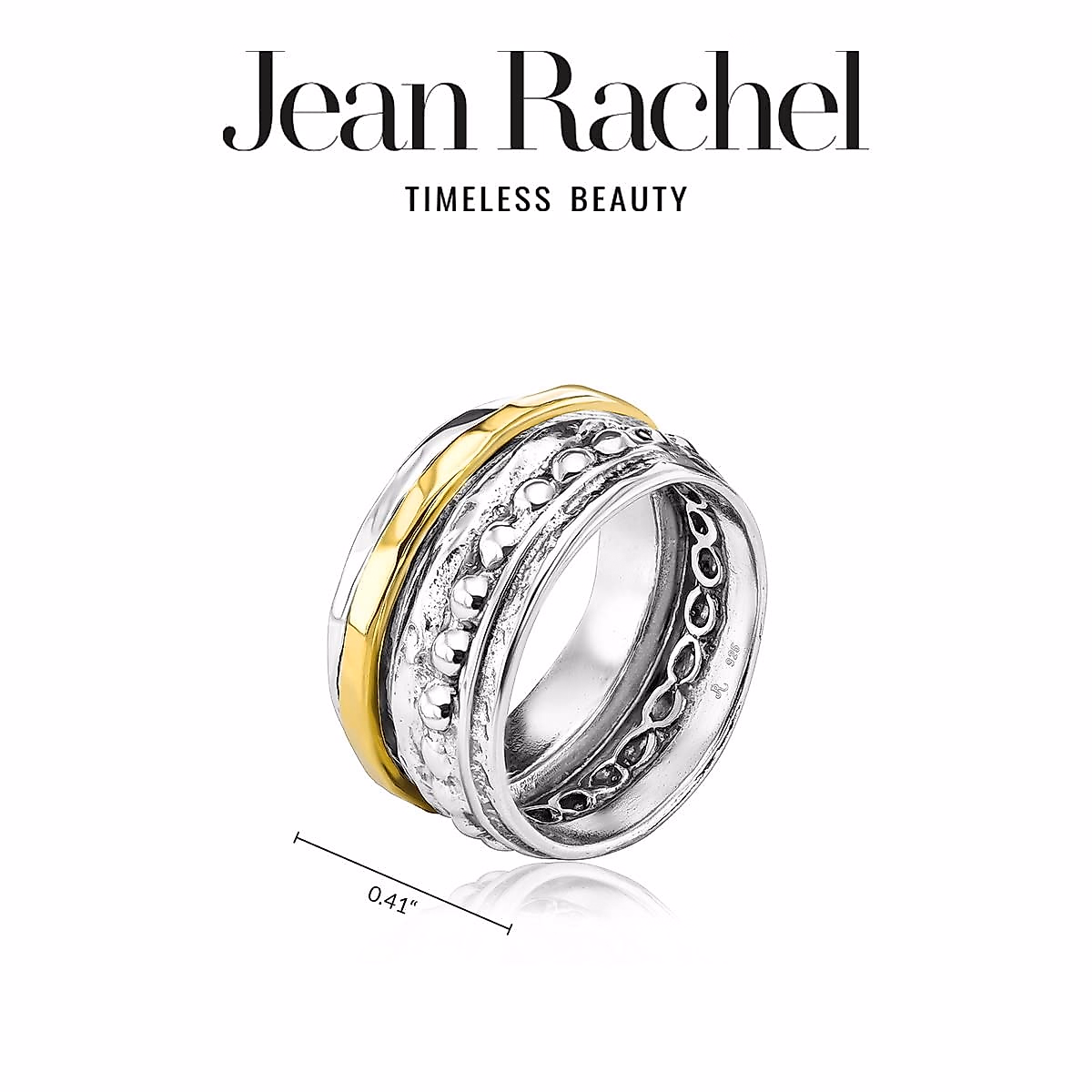 925 Sterling Silver/14K Gold Plated Silver Spinner Ring Unisex, Bold Hammered Beaded/Freshwater Pearl Floral Etched and Hammered, Oxidized, Hypoallergenic, Nickel Lead-free, Made in Israel (Size 5-11)