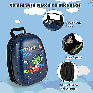 Olakids Kids Luggage Set, 16’’ Carry on Suitcase and 12’’ Travel Backpack with Rolling Spinner Wheels for Boys Girls, 2 Pcs Trolley Case Gift for Children Toddlers (Space Dinosaur)