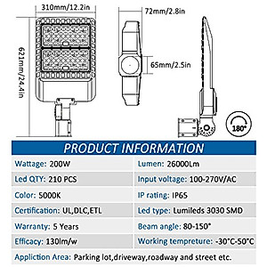 LEDMO 200W LED Parking Lot Lights 5000K Street Shoebox Pole Lights Waterproof 26000LM Super Bright Dusk to Dawn Outdoor Commercial Area Flood Security Lighting Slip Fitter for Stadium Sport Garage