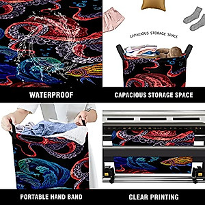 Laundry Basket Hamper with Handles Ocean Octopus Waves Fish Canvas Freestanding Dirty Clothes Hampers Waterproof Lightweight Large Storage Basket for Bedroom Dorm Clothes Towels Toys Organizer