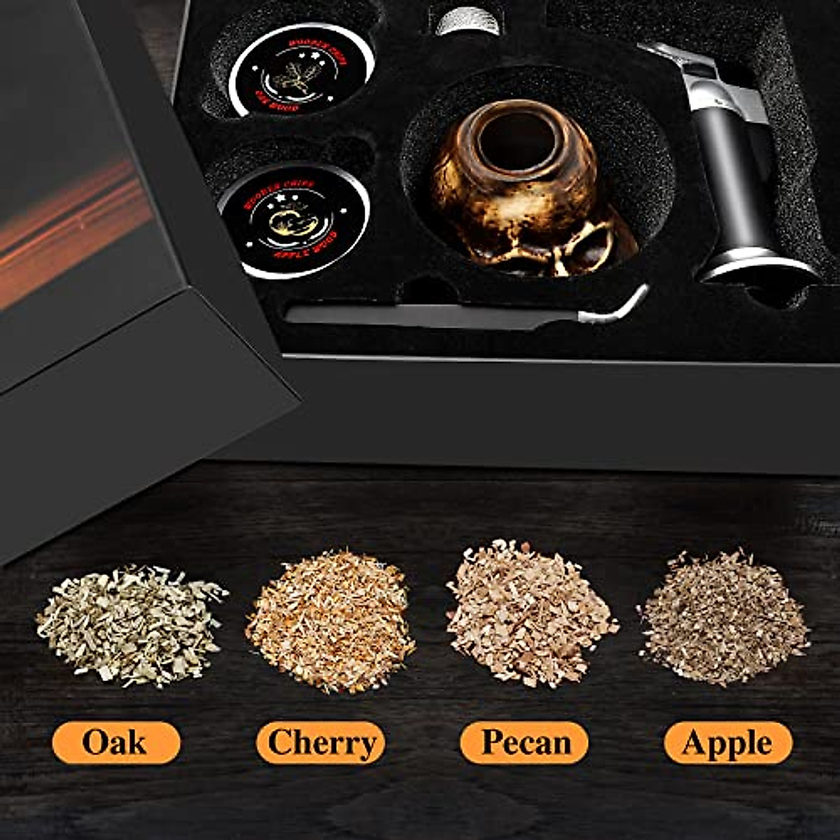 Whiskey Smoker Kit, Cocktail Smoker Kit with Torch, 4 Flavored Wood Chips for Skull Old Fashioned Smoker Kit, Bourbon Whiskey Drink Smoked Infuser Gifts for Father, Husband, Friends (No Butane)