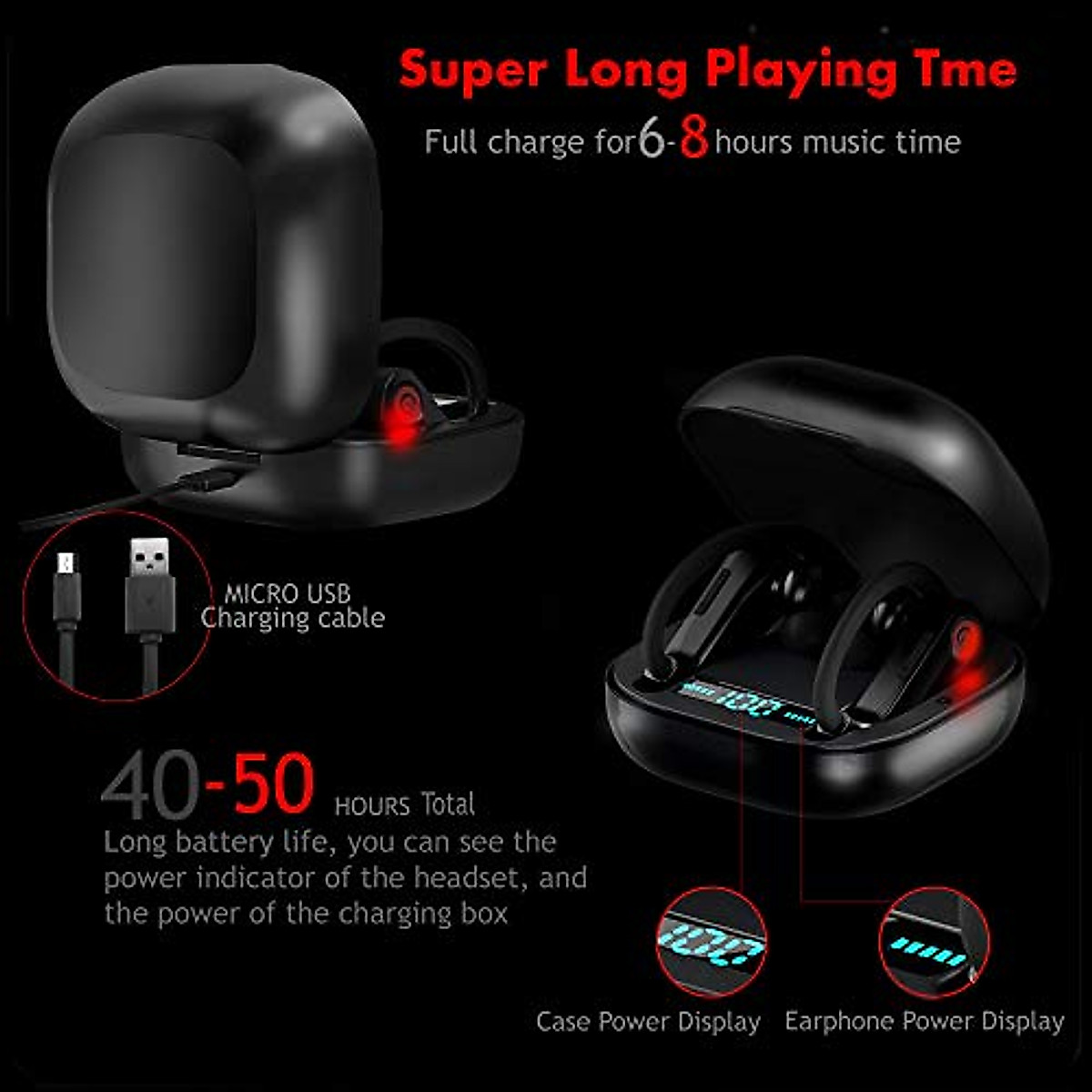 Arkey burds TWS Bluetooth Earbuds V5.0 with Charging Case, True Wireless Stereo Sport Headphones in-Ear Earphones with Mic, Noise Cancelling Headsets with Ear Hooks for iPhone Smartphones (Black/red)