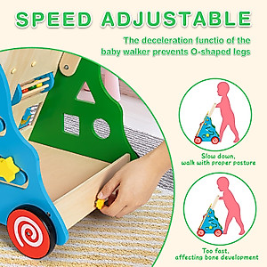 V-Opitos Wooden Baby Walkers, Height and Resistance Adjustable Push Walker with Multiple Learning Activity Center, Baby Sit to Stand Walker Toys, Ideal Gifts for 6-12, 12-18 Months Boys & Girls