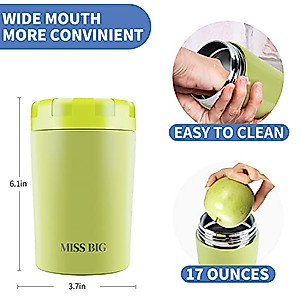 MISS BIG Insulated Food Container, 17oz Thermos for Hot Food for Kids & Adult,Leakproof,BPAs Free, Food Thermos with Spoon,Keep Hot & Cold Food for School,Office,Travel Bento Box for Hot Food (Green)
